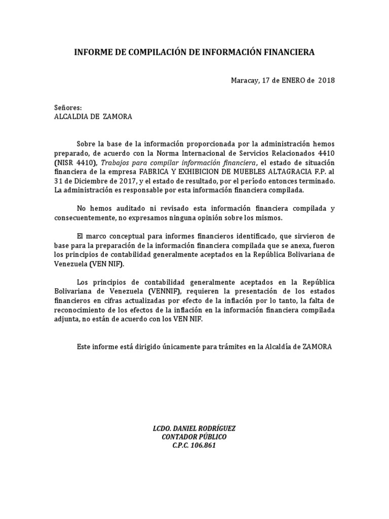 Informe de Compilación de Información Financiera 1 | PDF | Contabilidad | Estado financiero