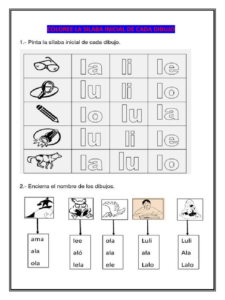Coloree La Silaba Inicial de Cada Dibujo | PDF