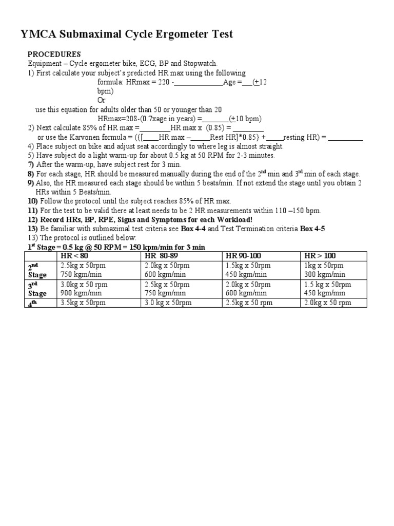 YMCA Submaximal Cycle Ergometer Test: ND RD | PDF | Physiology ...