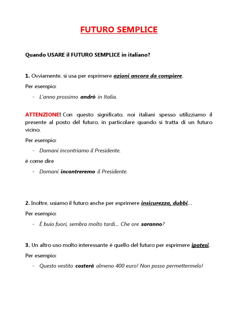 FUTURO SEMPLICE e ANTERIORE | PDF