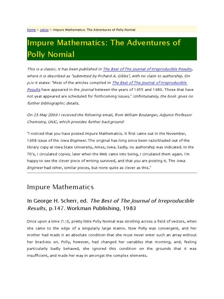 Impure Mathematics: The Adventures of Polly Nomial | PDF | Mathematics | Mathematical Objects