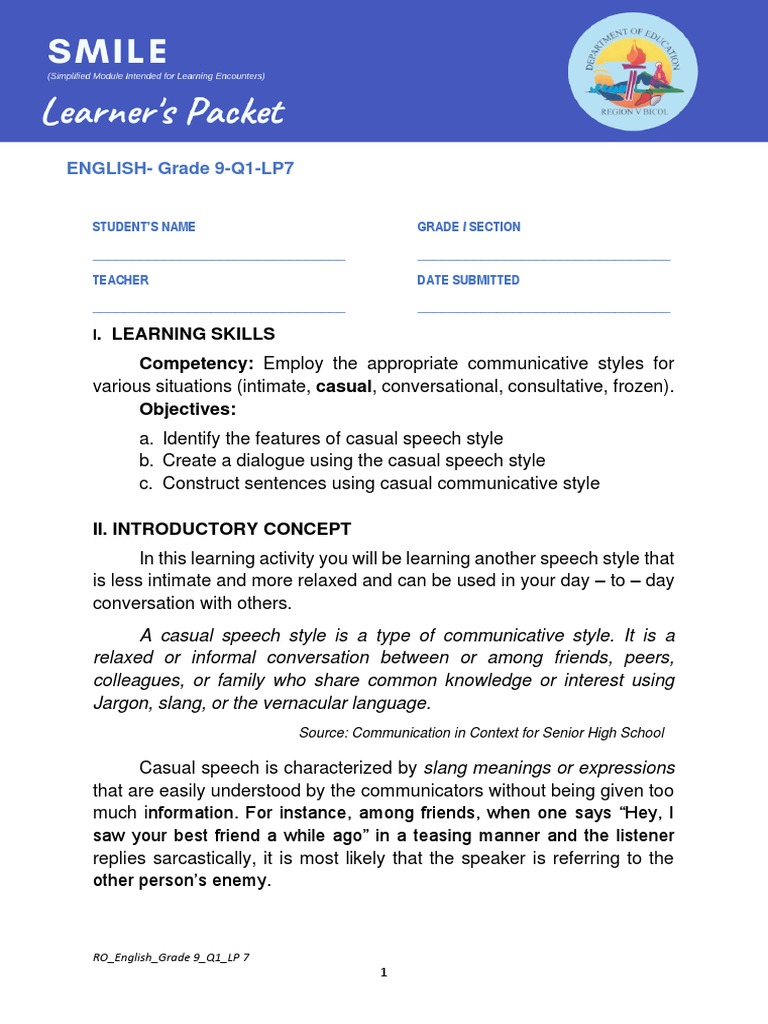 ENGLISH-Grade 9-Q1-LP7: - Learning Skills Competency: Employ The Appropriate Communicative ...