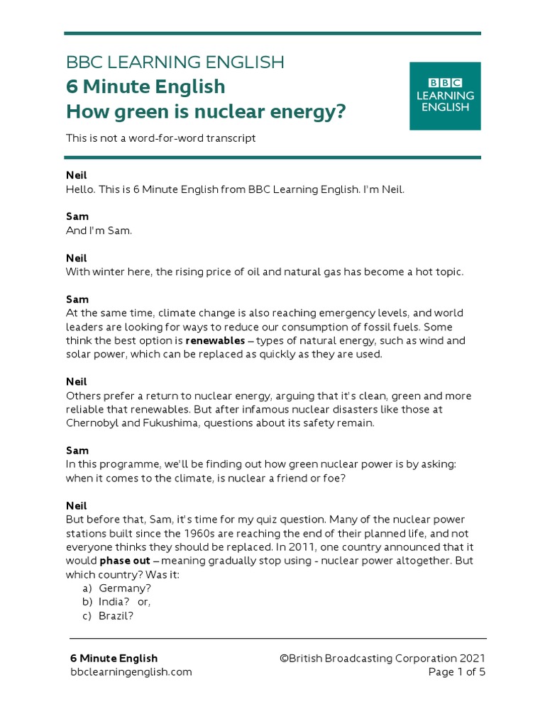 6min English Nuclear Energy | PDF | Nuclear Power | Chernobyl Disaster