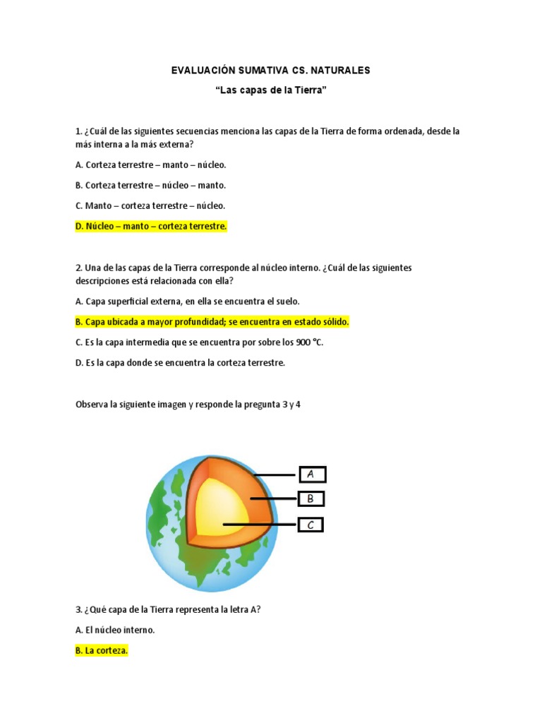 Evaluación Sumativa Cs. Naturales Las Capas de La Tierra | PDF ...