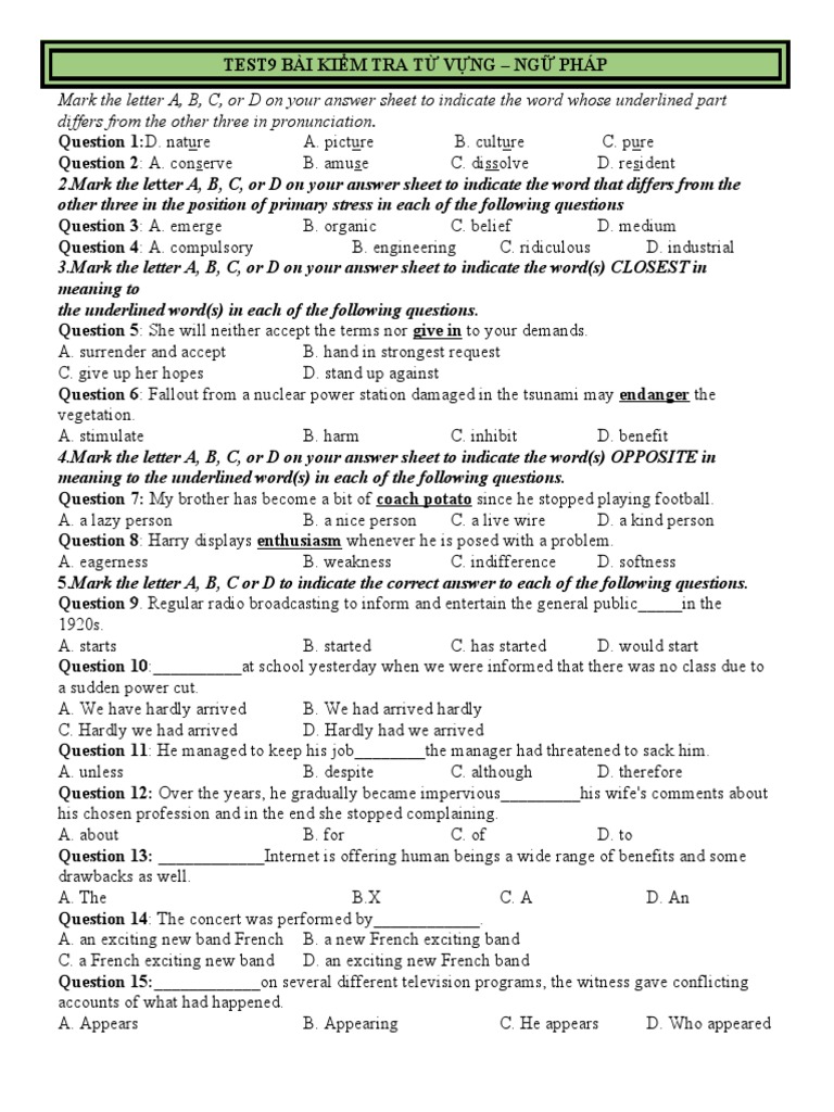 Mark the letter A, B, C, or D to find the word with a different primary stress