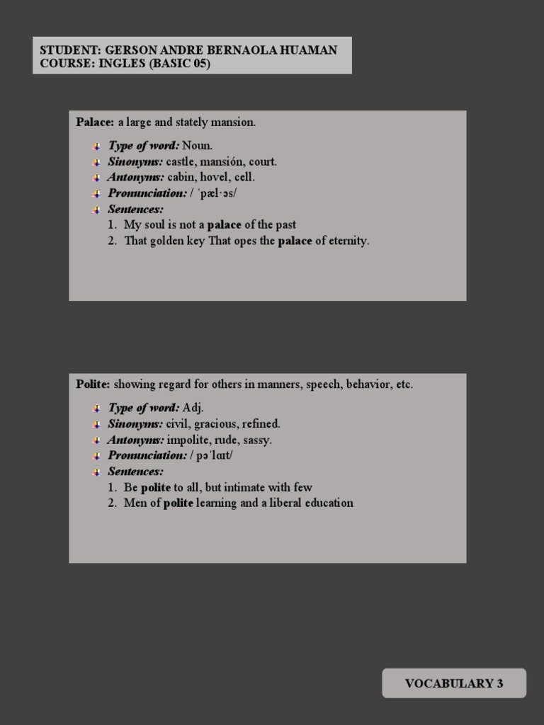 Type of Word: Noun. Sinonyms: Castle, Mansión, Court. Antonyms: Cabin ...