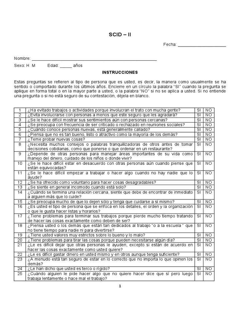 Cuestionario Scid Ii | PDF | Campos relacionados con la psiquiatría ...