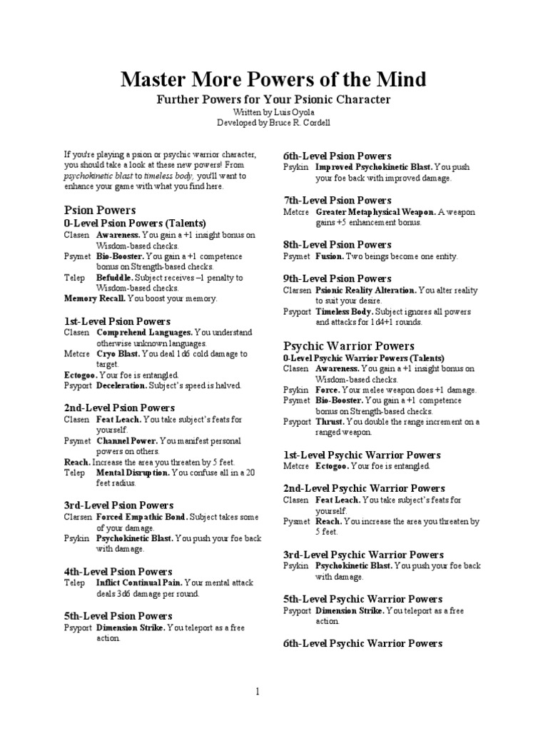 Psionics Handbook - Master More Powers of The Mind | PDF