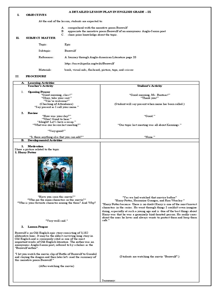 A Detailed Lesson Plan Beowulf | PDF | Beowulf | English Folklore