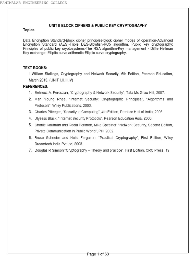 Unit Ii Block Ciphers & Public Key Cryptography Topics: Page 1 of 63 | PDF | Cryptography ...
