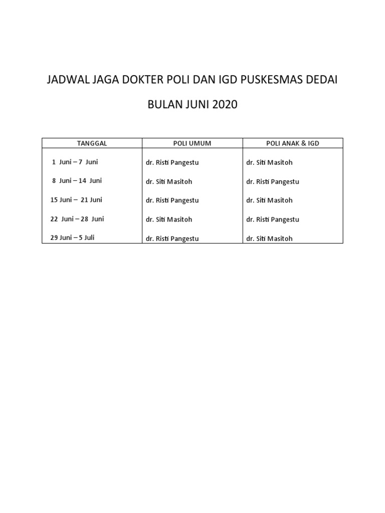 Jadwal Jaga Dokter Poli Dan Igd Puskesmas Dedai | PDF