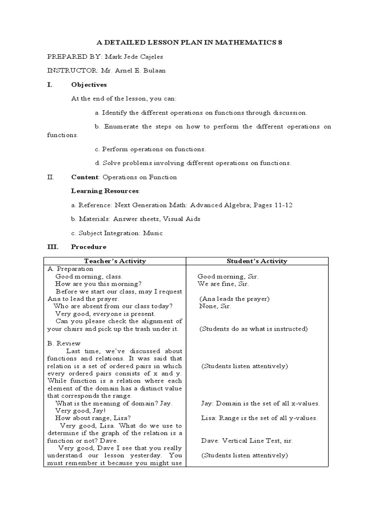 A Detailed Lesson Plan in Mathematics | PDF | Function (Mathematics ...