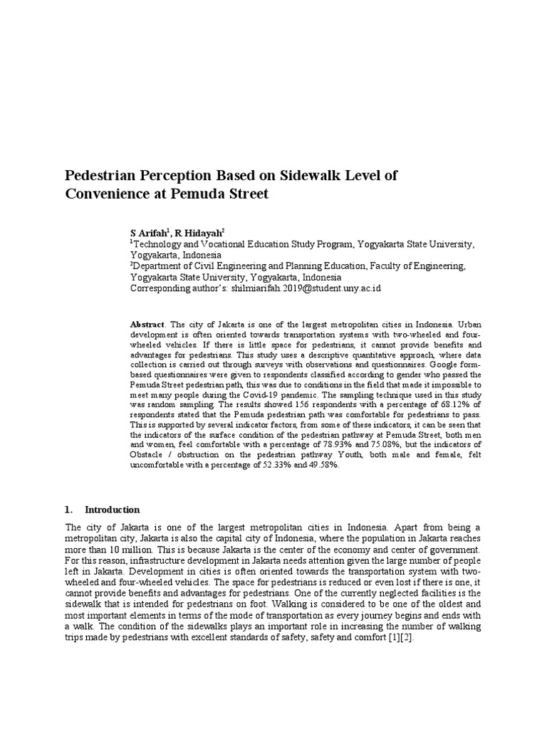 Pedestrian Perception Based On Sidewalk Level of Convenience at Pemuda Street | PDF | Pedestrian ...
