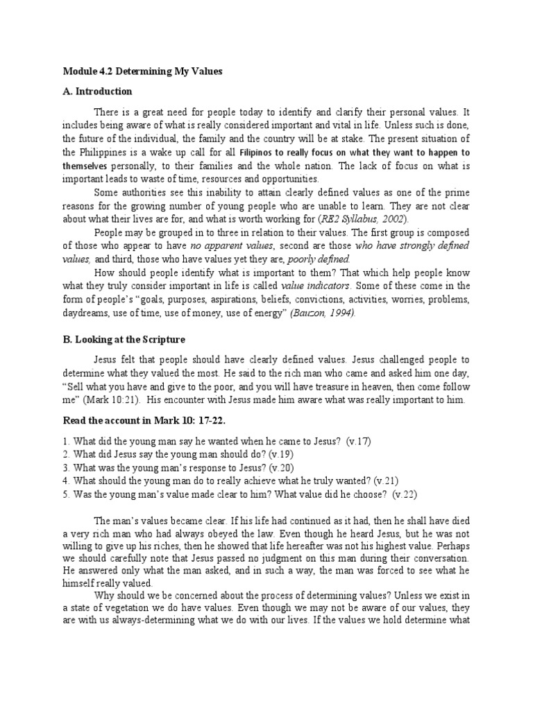 Module 4.2 Determining My Values A. Introduction: Values, and Third ...