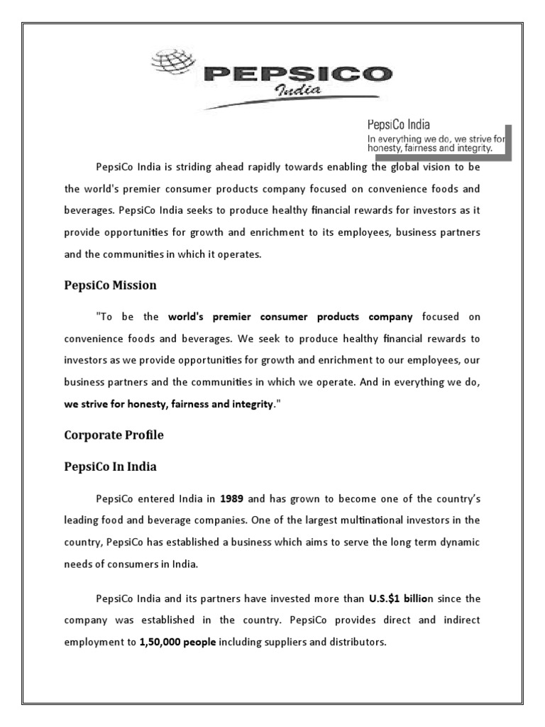 Pepsico Mission: We Strive For Honesty, Fairness and Integrity." | PDF ...