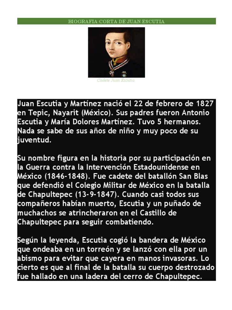 Biografía de Juan Escutia, Niño Héroe | PDF | Ciencias sociales | Historia