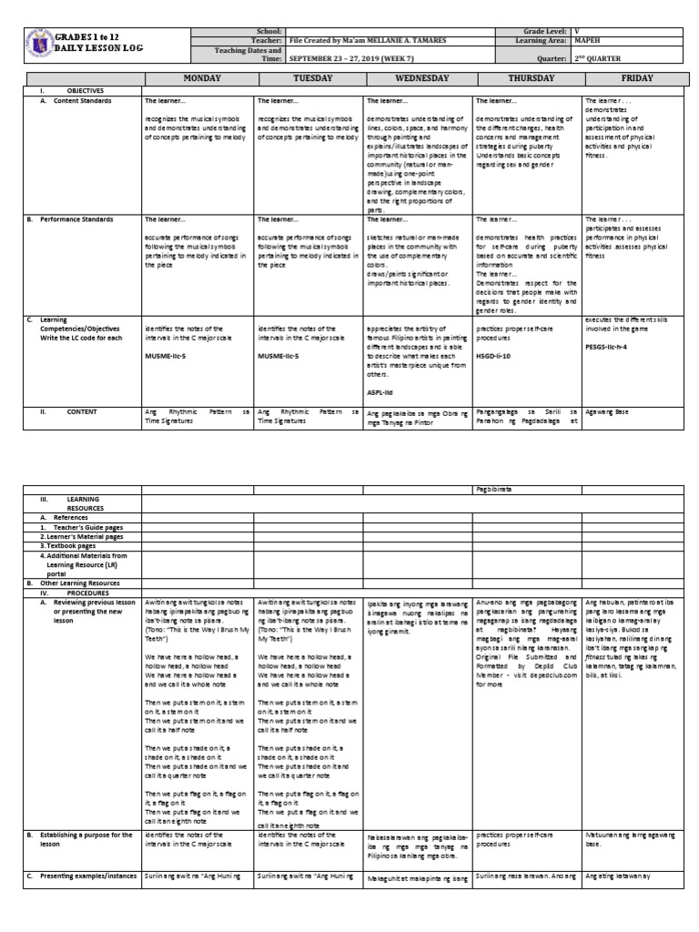 DLL - Mapeh 5 - Q2 - W7 | PDF | Learning | Cognition