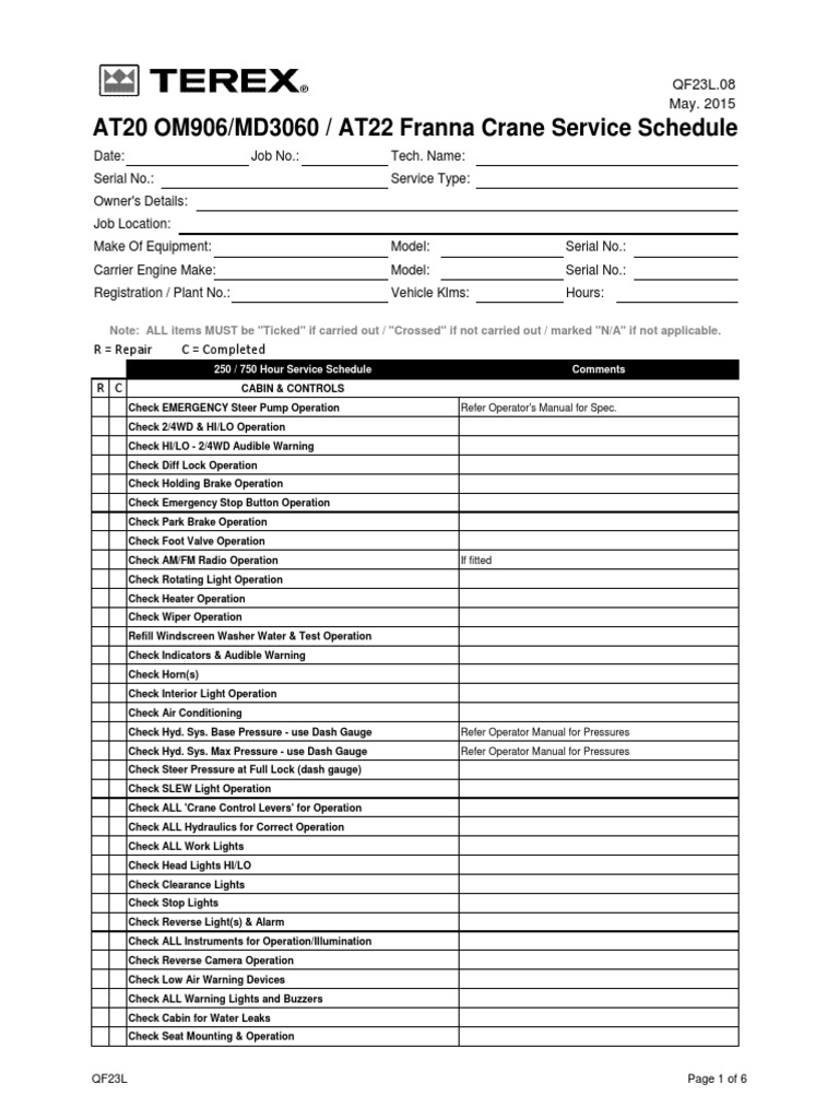 Terex Franna AT20 Service Checklist | PDF | Bearing (Mechanical ...