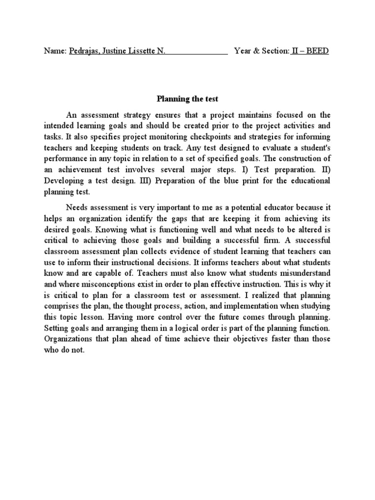 Planning Test Reflection | PDF