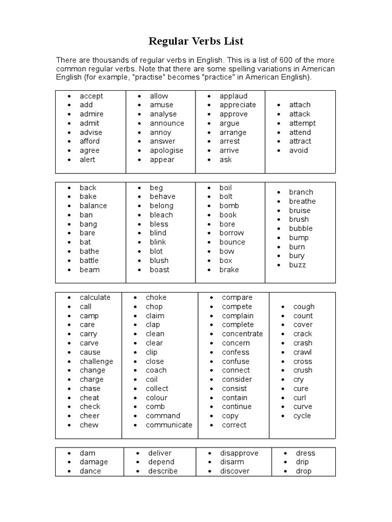 Verbs List Regular and Irregular Verbs | PDF