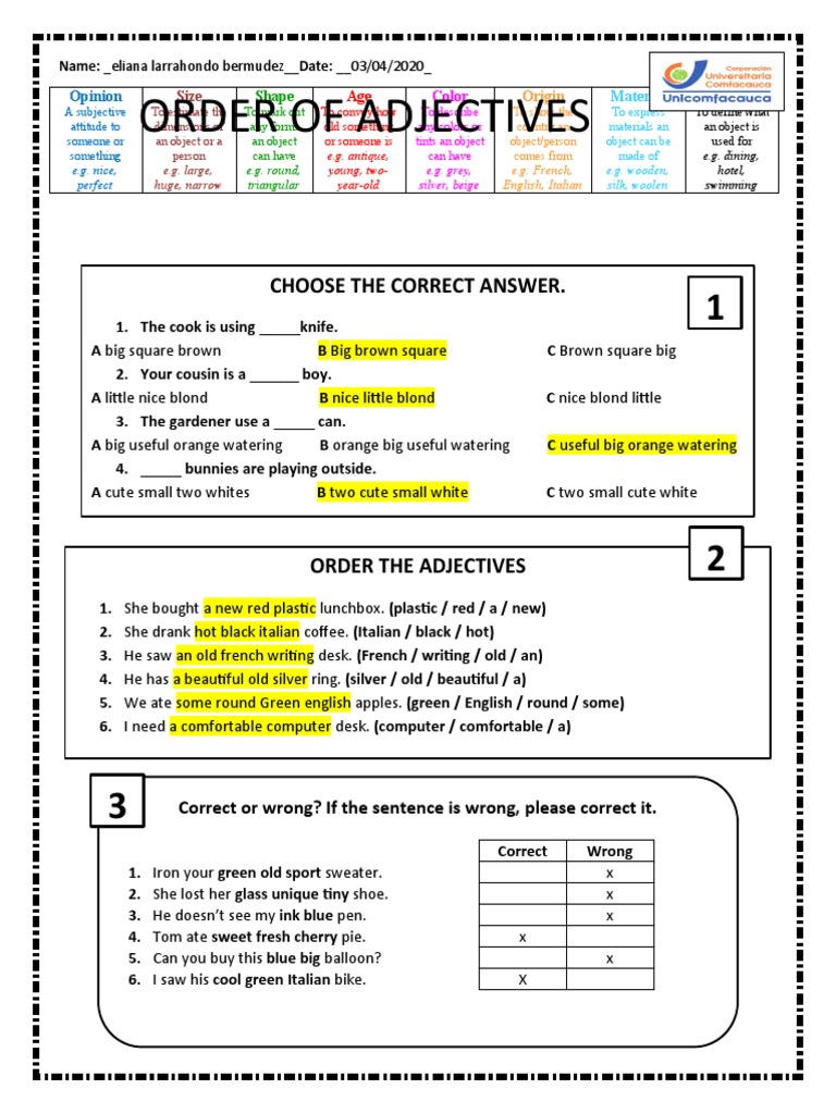 Order of Adjectives - Exercises | PDF