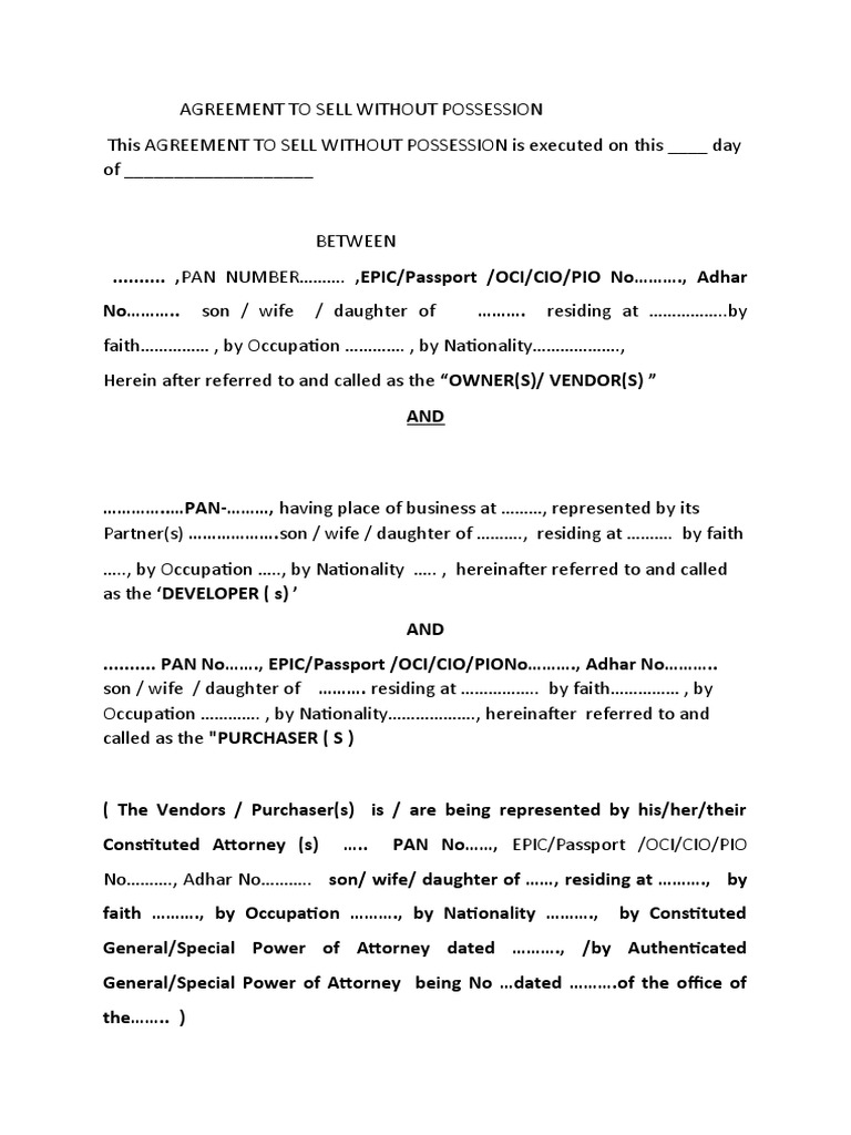 Agreement To Sale Without Possession PDF Deed Mortgage Law