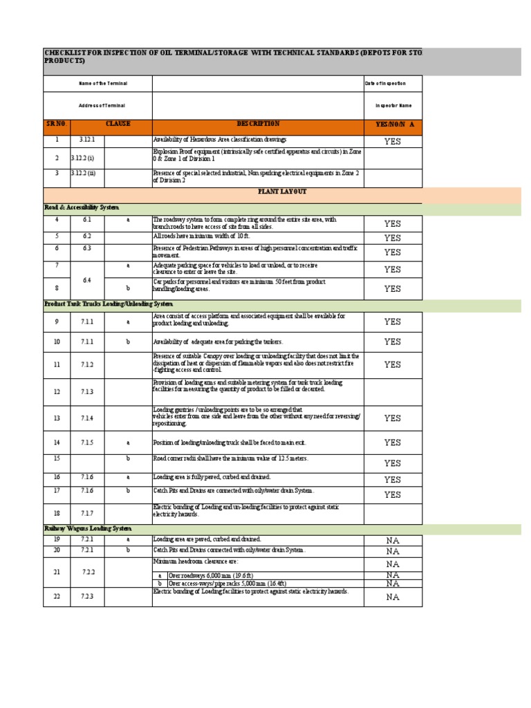 Oil Terminal Inspection Checklist | PDF | Pump | Valve