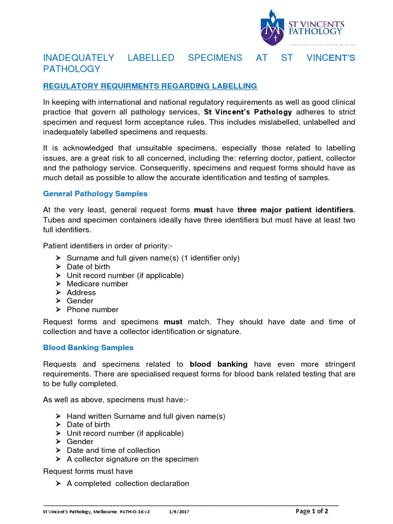 Strict Labeling Requirements for Pathology Specimens at St. Vincent's ...