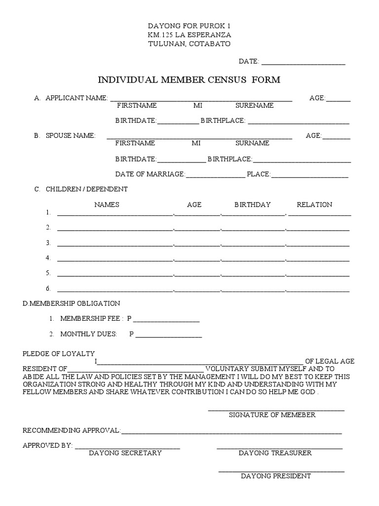 Individual Member Census Form: Dayong For Purok 1 Km.125 La Esperanza ...