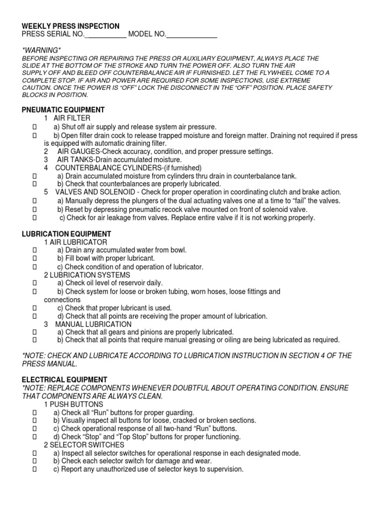 Weekly Monthly Press Inspection | PDF | Valve | Clutch