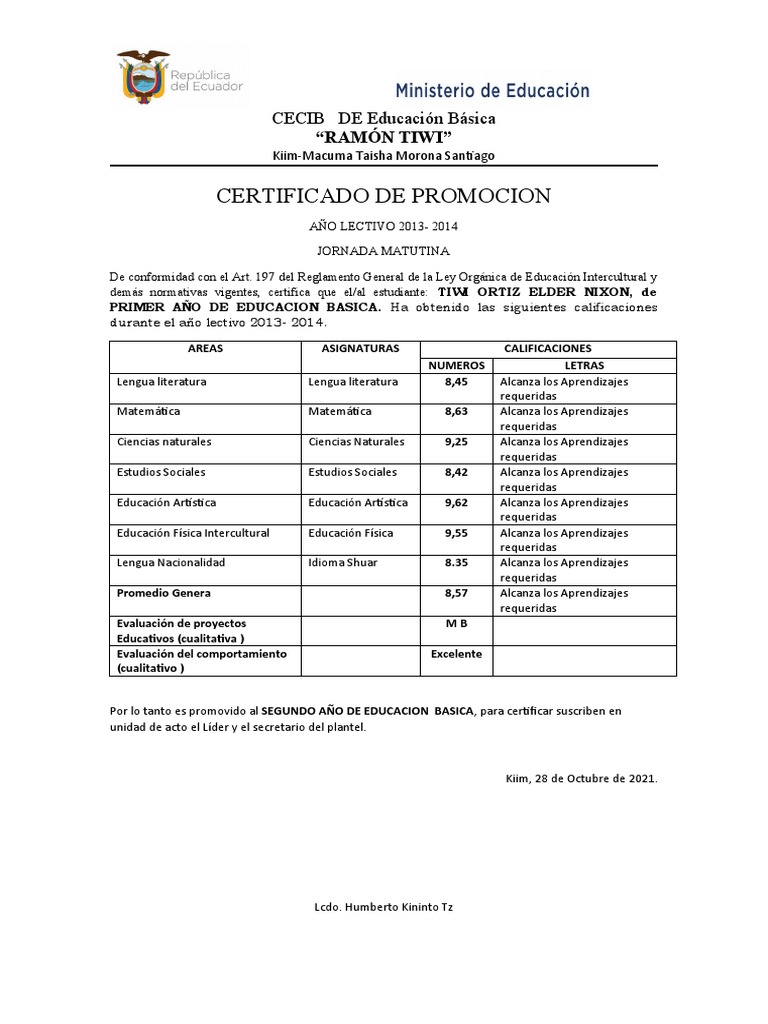 Certificado de Promocion Primer Nivel | PDF | Educación primaria