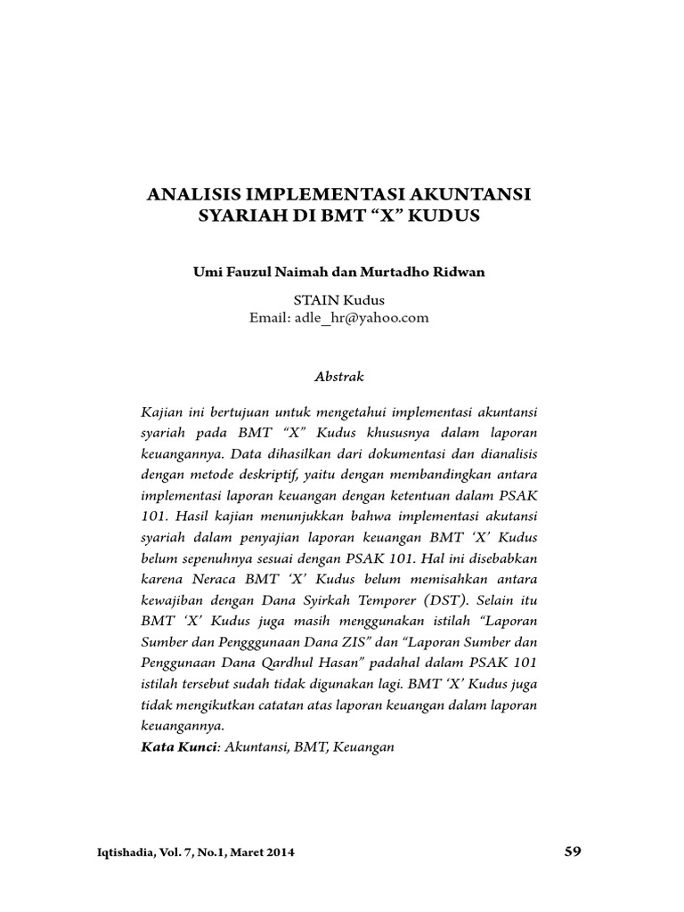 Analisis Implementasi Akuntansi Syariah Di BMT "X" Kudus | PDF