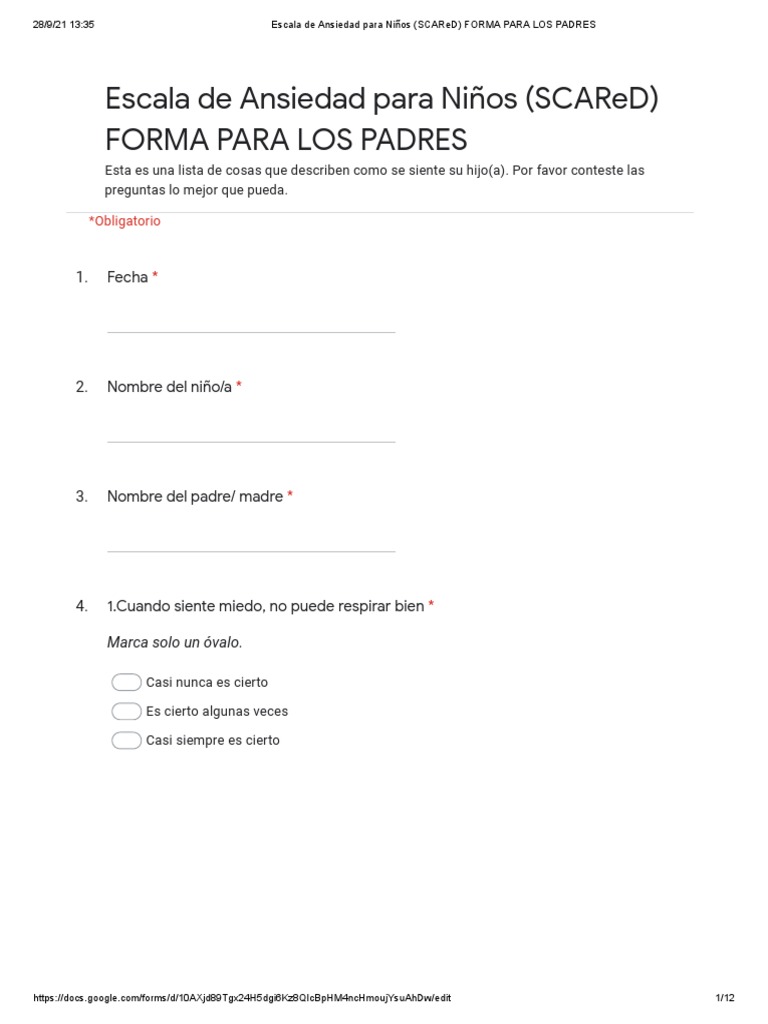 Escala de Ansiedad para Niños (SCAReD) FORMA PARA LOS PADRES | PDF