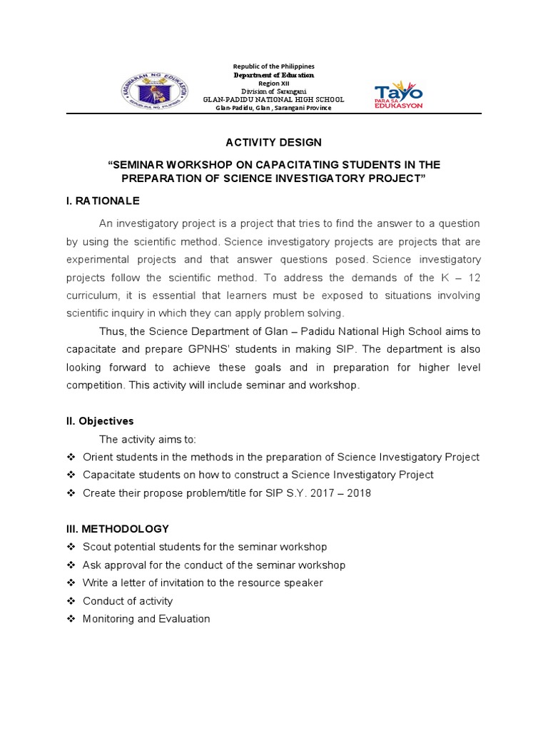 Activity Design "Seminar Workshop On Capacitating Students in The ...