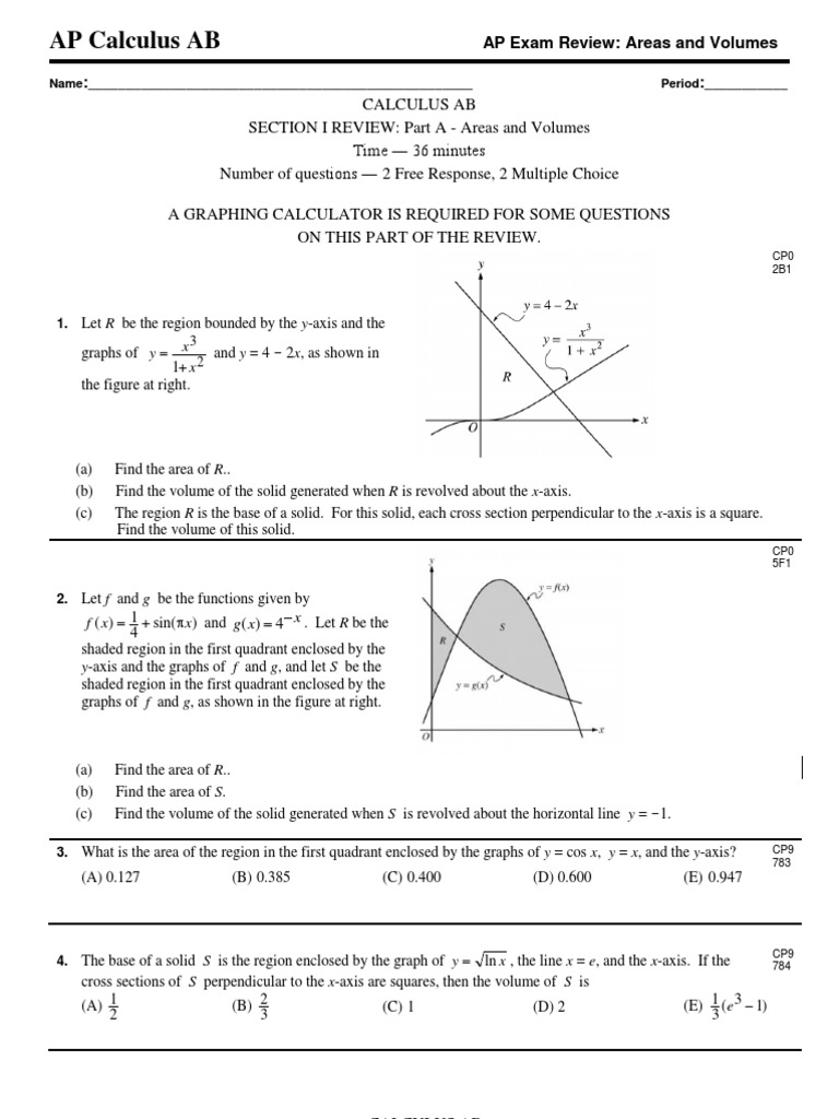 AP Calculus AB: Areas & Volumes Review | PDF | Cartesian Coordinate ...