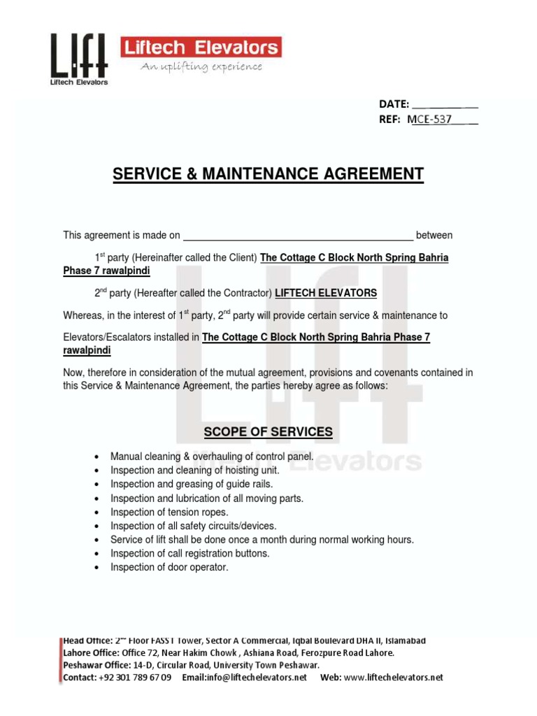 MCE 537 Maintenance Contract The Cottage | PDF | Elevator