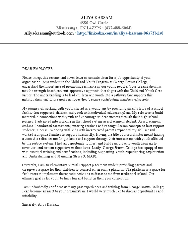 Aliya Kassam Cover Letter For Portfolio | PDF