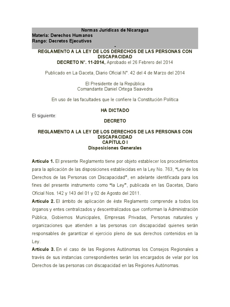 Normas Jurídicas de Nicaragua Ley 763 | PDF | Invalidez | Educación ...