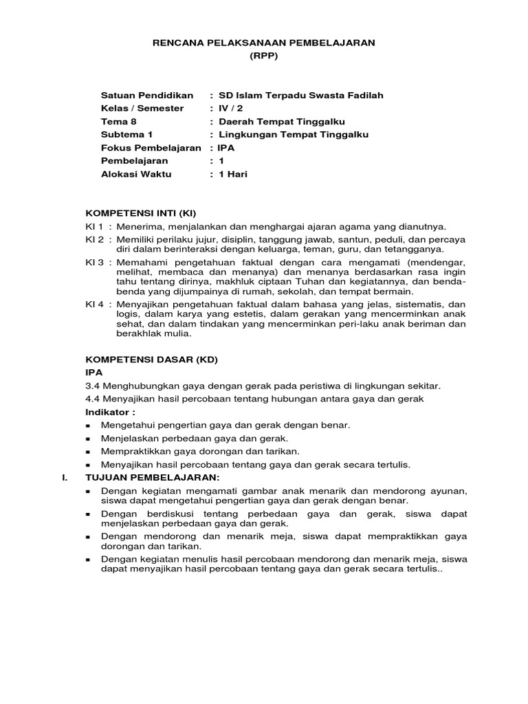 RPP Ipa Kelas 4 Tema 8 | PDF