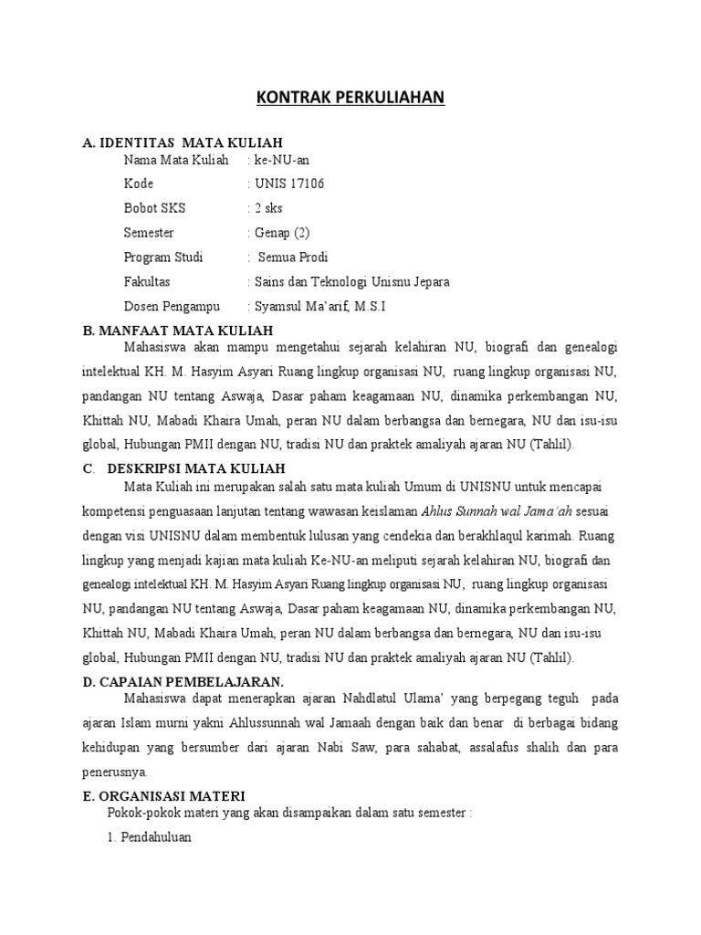 KONTRAK PERKULIAHAN ke-NU-an | PDF