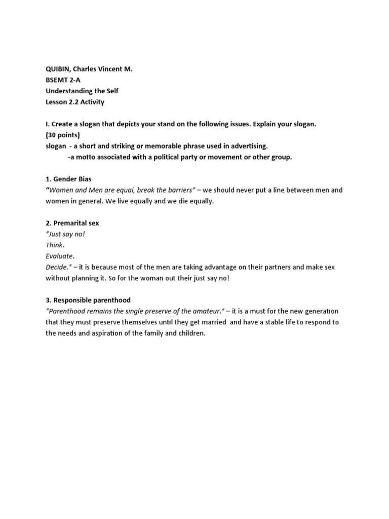 Understanding The Self Lesson 2.2 Activity | PDF | Self-Improvement