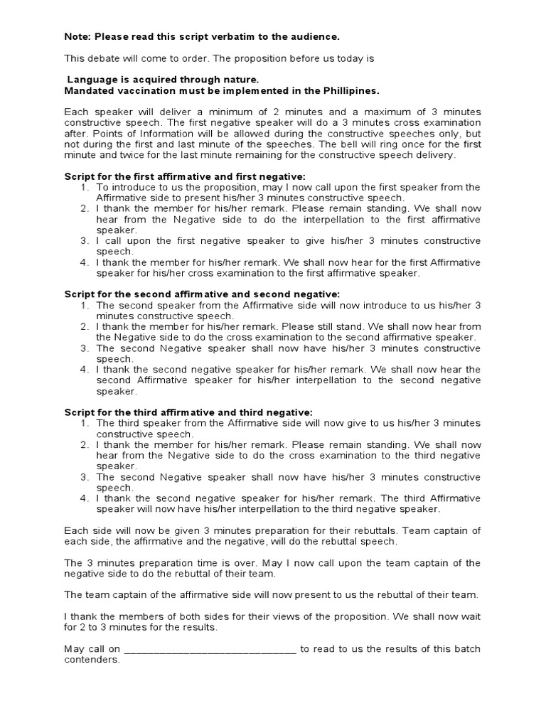 Script for Moderating a Debate Competition with Three Speakers Per Side ...