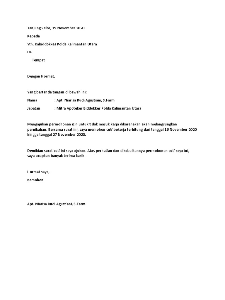 Surat Ijin Cuti Nikah Niar | PDF