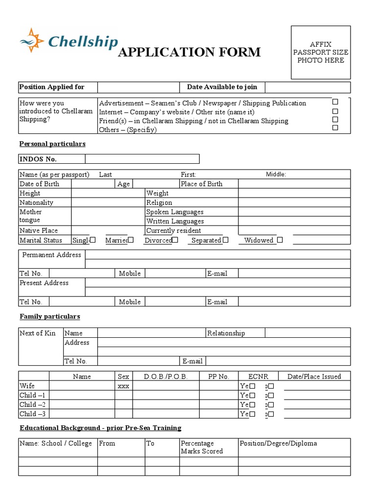 Chellaram Shipping Application Form | PDF | Passport | Transport