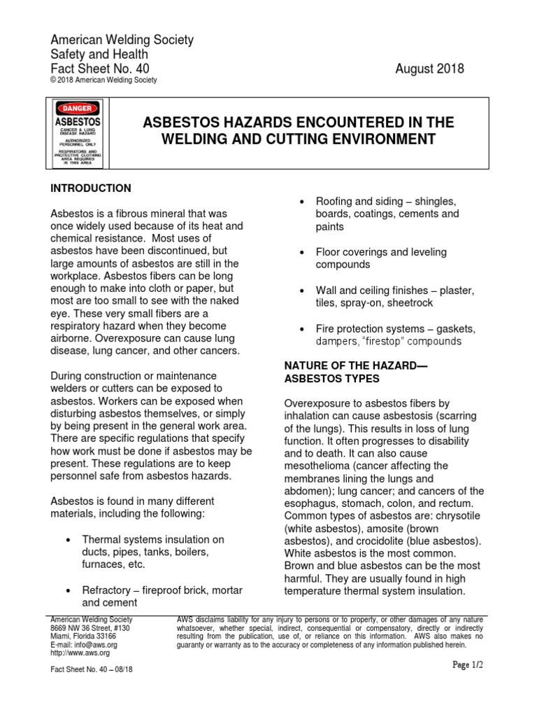 Fact-Sheet-No.-40-Aug-2018 ASBESTOS HAZARDS ENCOUNTERED IN THE WELDING ...