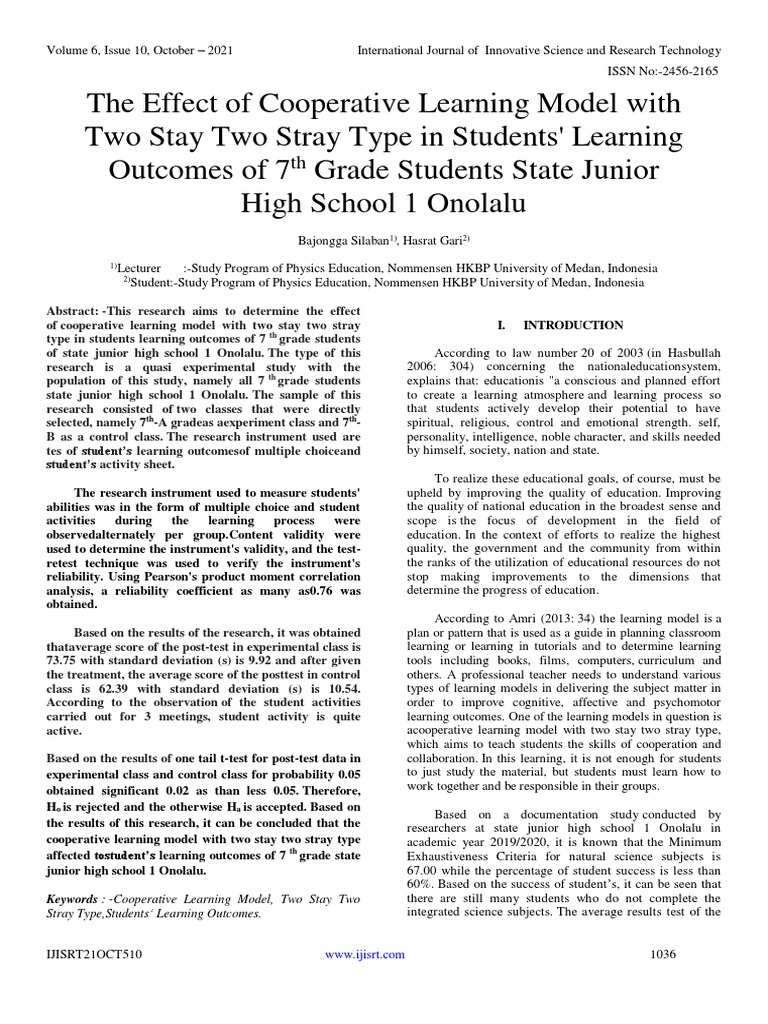 The Effect of Cooperative Learning Model With Two Stay Two Stray Type ...