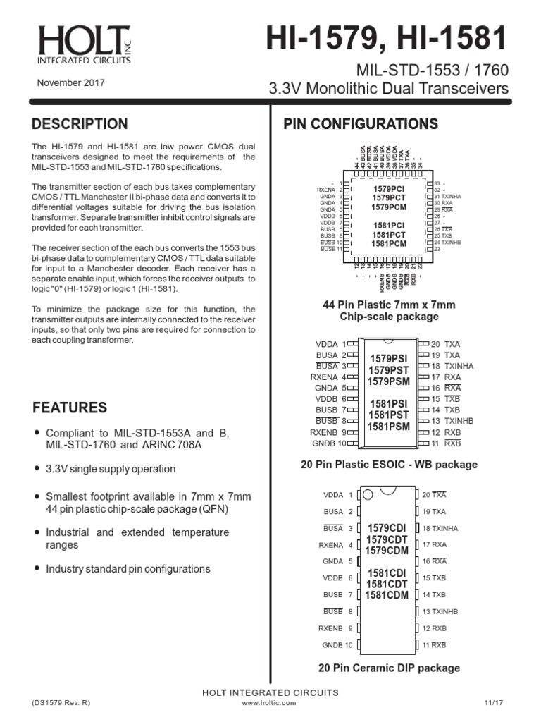 HI-1579, HI-1581: MIL-STD-1553 / 1760 3.3V Monolithic Dual Transceivers ...