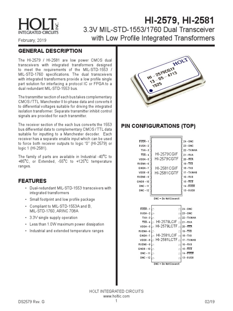 HI-2579, HI-2581: 3.3V MIL-STD-1553/1760 Dual Transceiver With Low ...