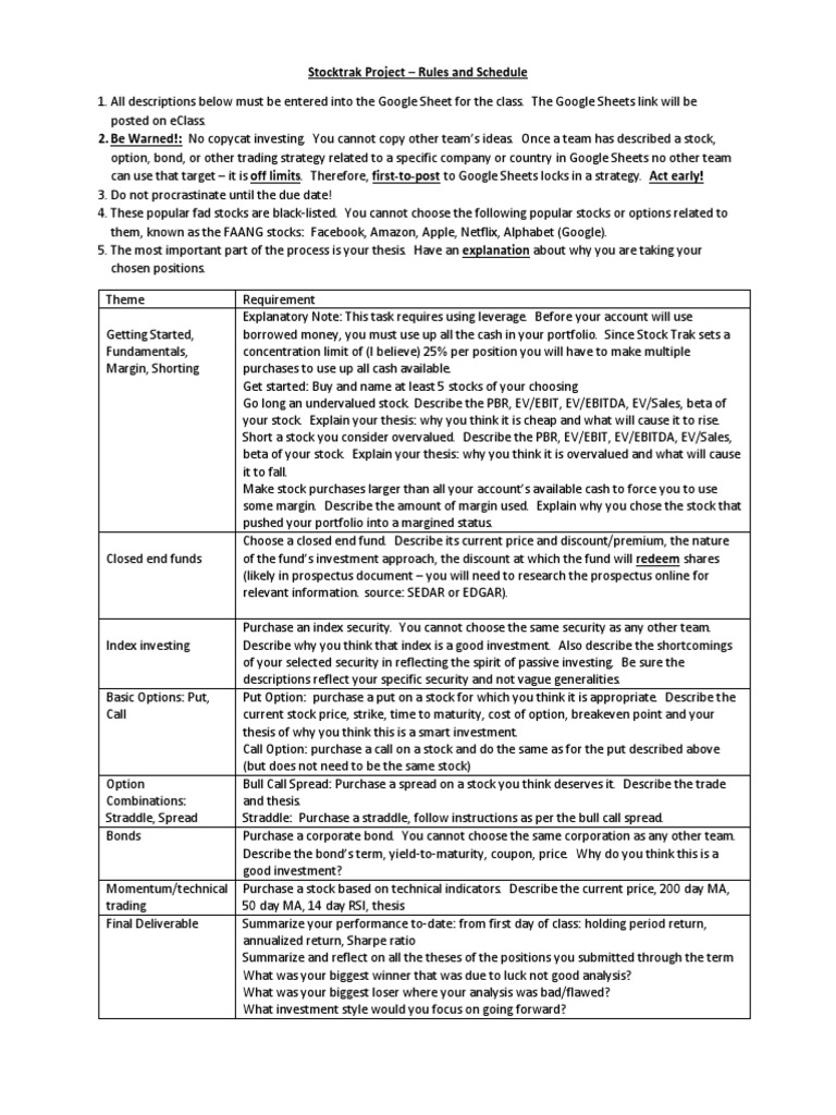 Stocktrak Project Guidelines and Rules | PDF | Option (Finance) | Stocks