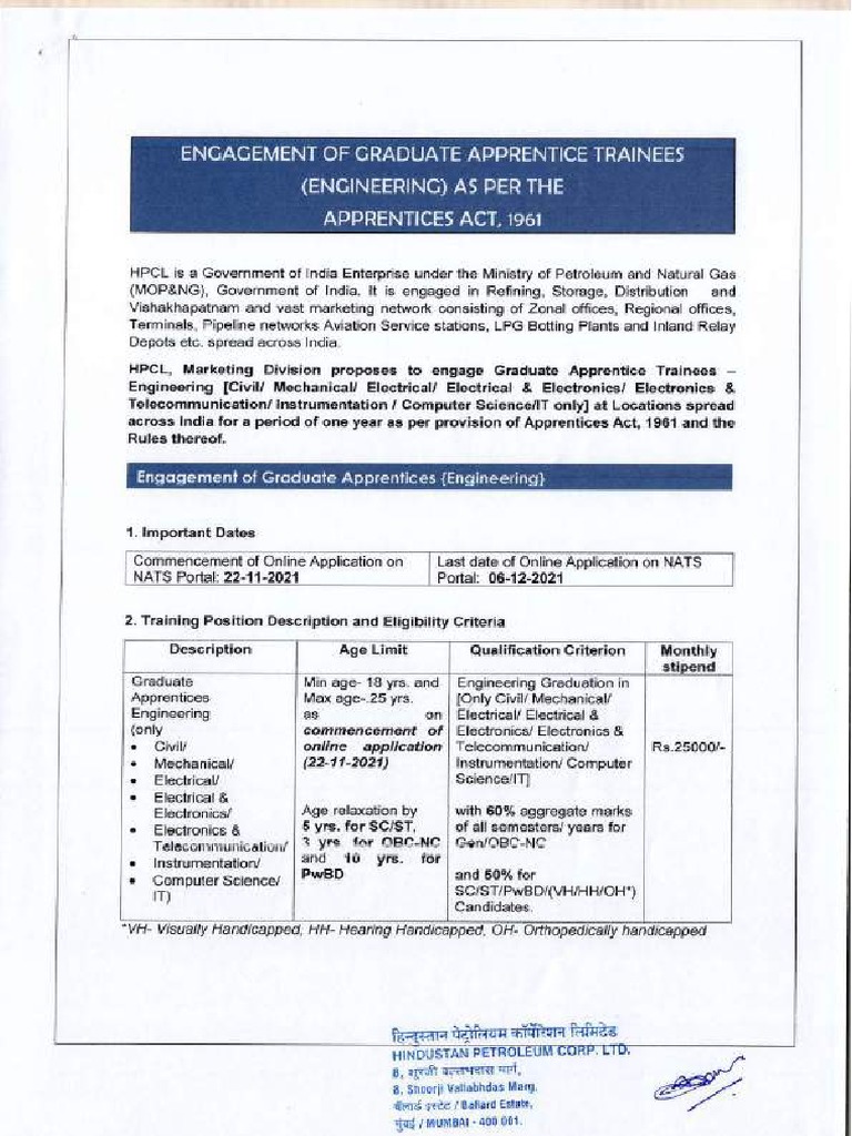 HPCL Advertisement-Engagement of Graduate Appprentice Trainees ...